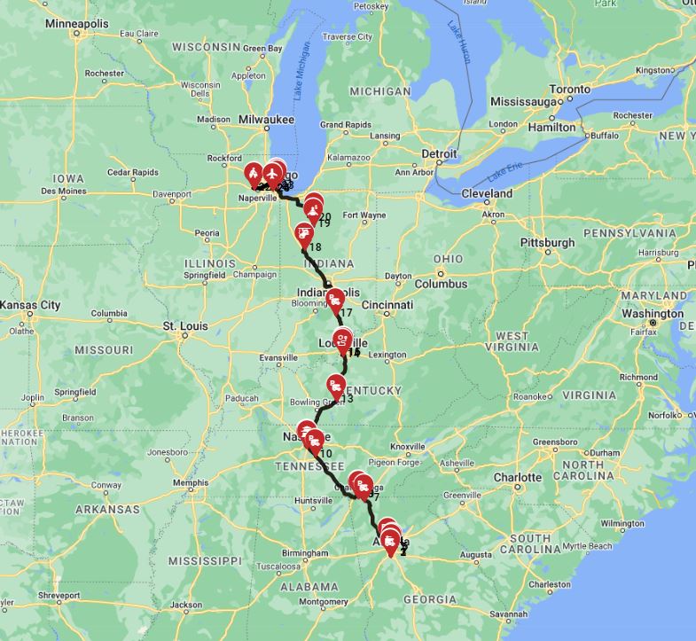 Atlanta to Chicago RV trip route planner motorhome trip