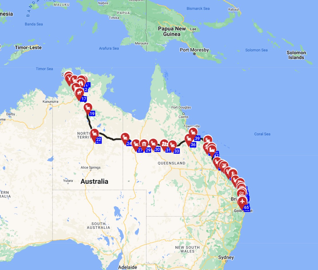 Campervan Trip planner in Australia from Darwin to Brisbane motorhome route