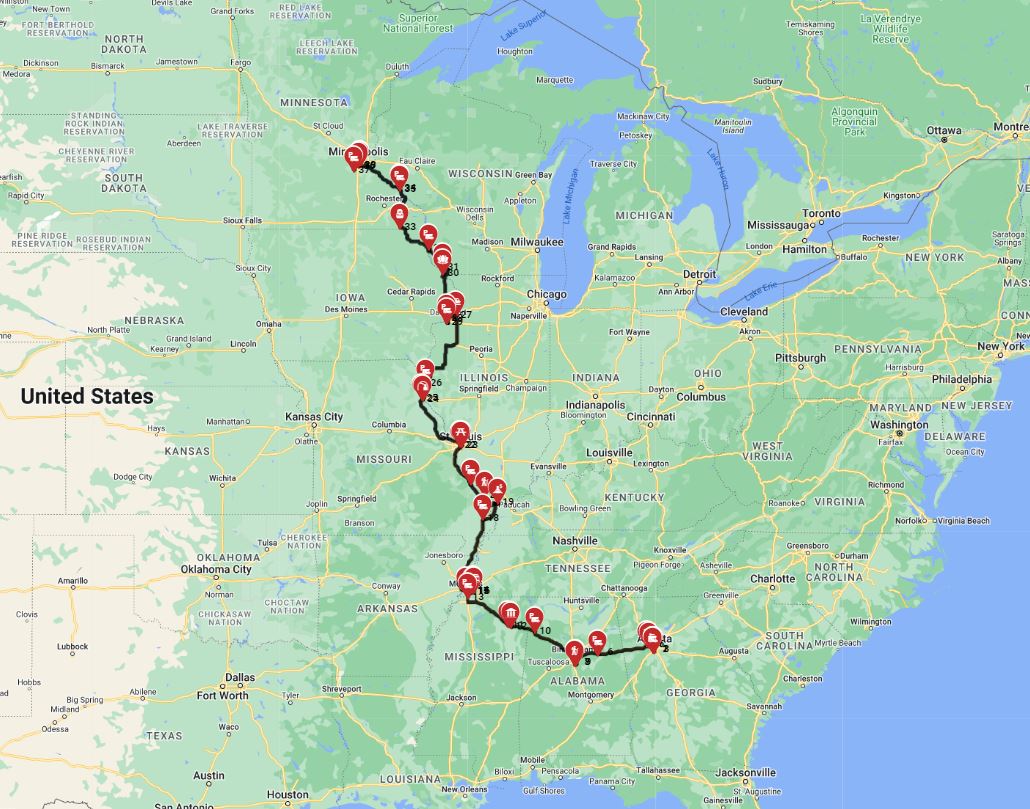 Motorhome route for RV trip from Atlanta to Minneapolis