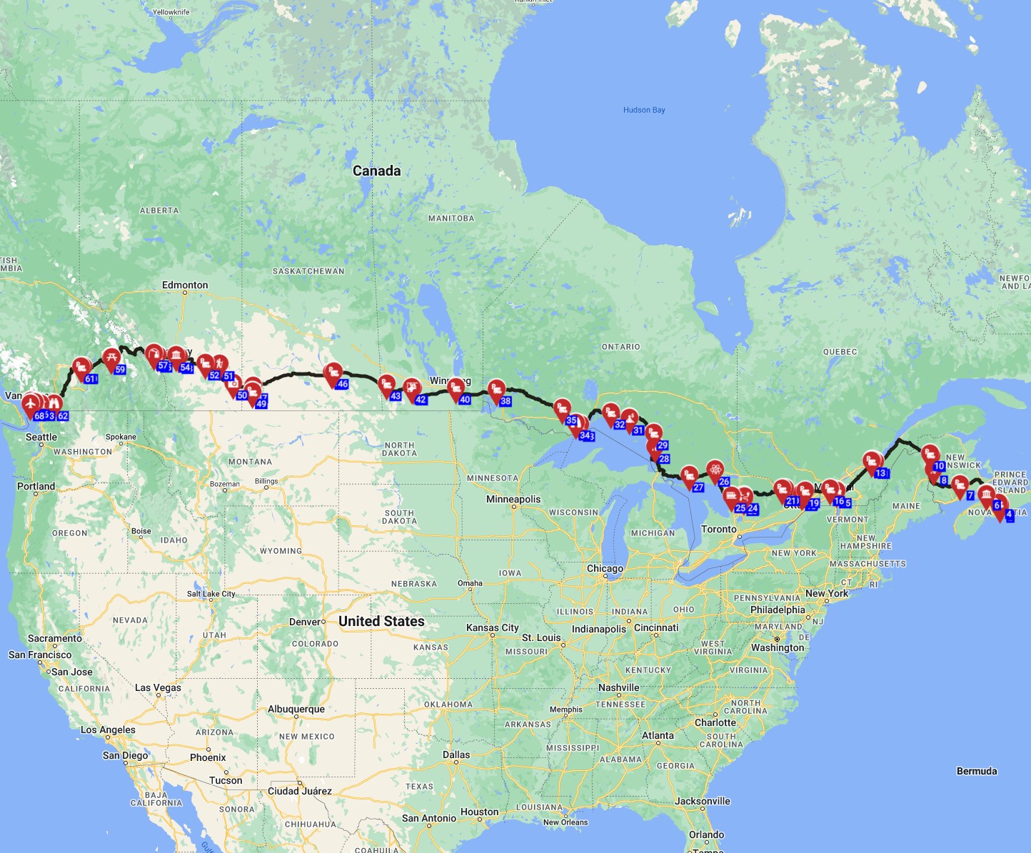 Motorhome trip route from Halifax to Vancouver - Canada coast to coast ...