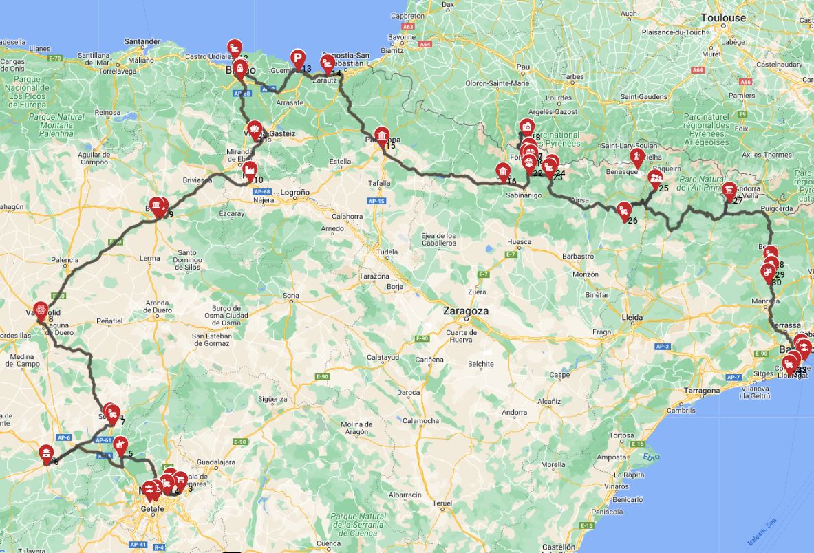 Motorhome trip route of 16 days from Madrid to Barcelona including the ...