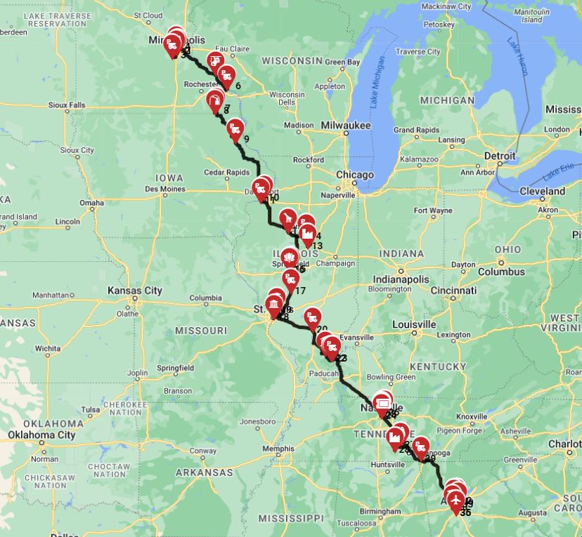RV route plan for a motorhome trip from Minneapolis to Atlanta