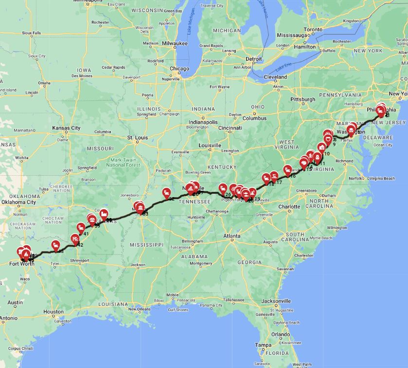 RV route planner USA Philadelphia to Dallas motorhome road trip