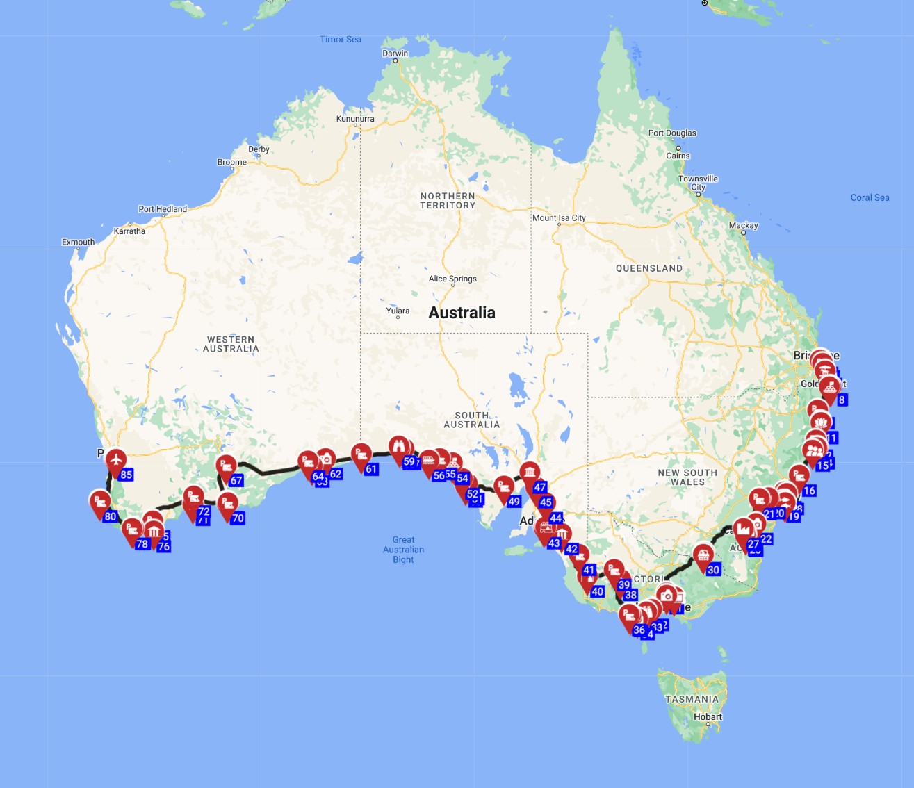 RV trip planner Australia a route from Brisbane to Perth with a campervan