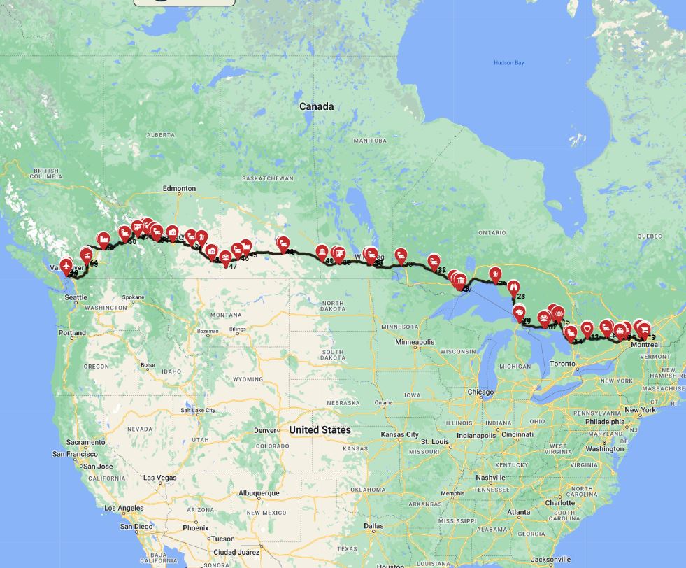 RV trip planner Canada Montreal to Vancouver motorhome route plan