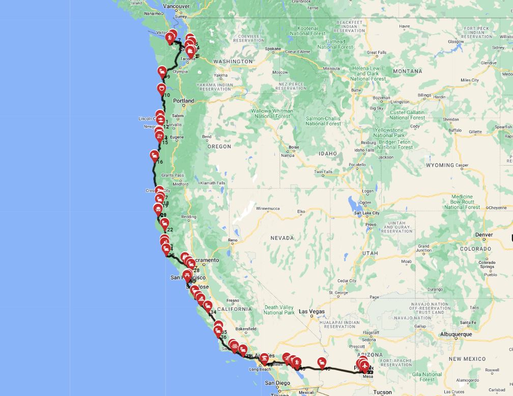 RV trip planner USA Seattle to Phoenix motorhome route plan