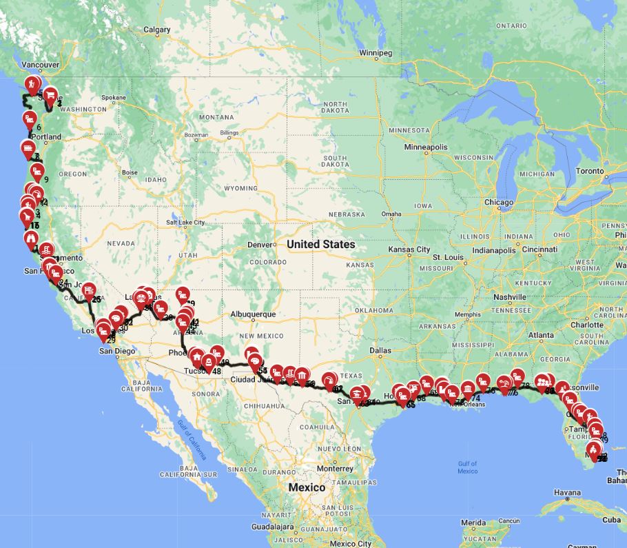 USA RV trip planner Seattle to Miami motorhome route plan
